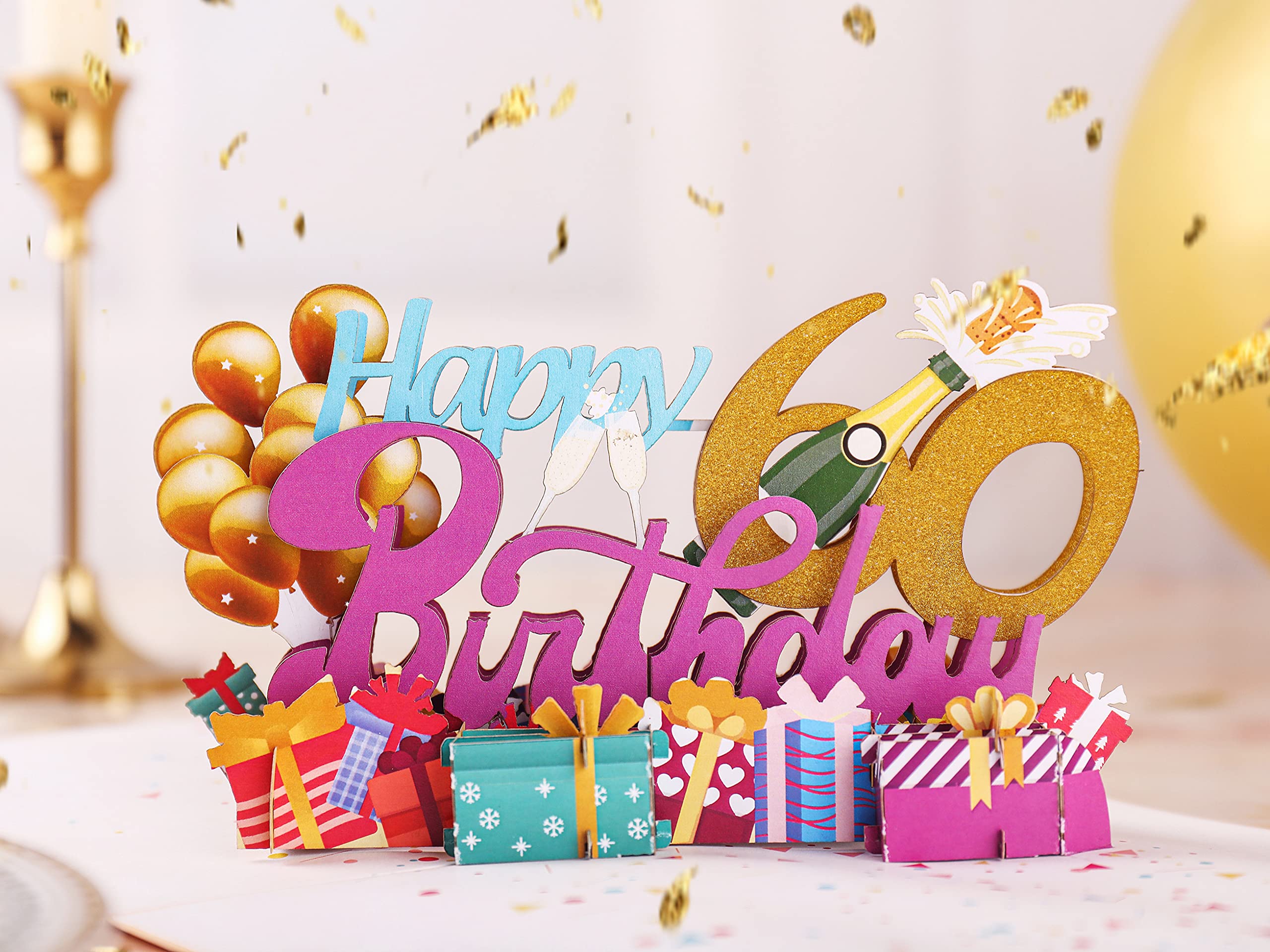 Liif Happy 60Th Birthday 3D Greeting Pop Up Card, Happy Birthday Card For Women, Men, Funny, 60 Years Old, Balloon, Champagne, Celebration - With 60 Gold Glitter & Message Note