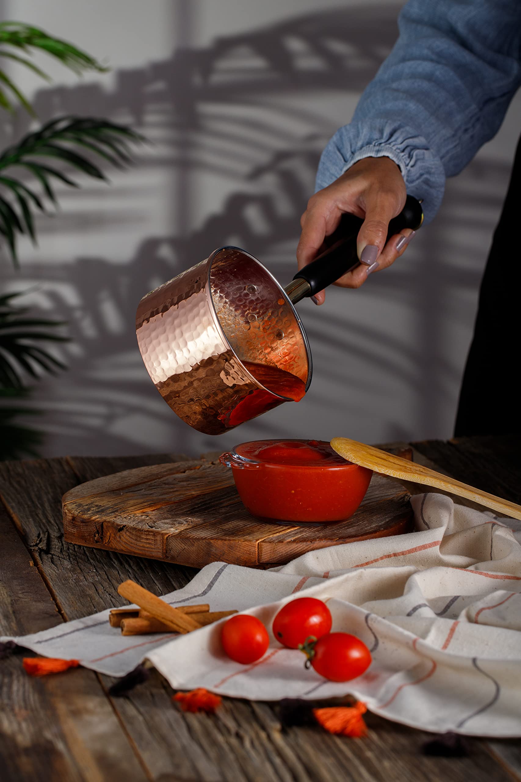 DEMMEX Copper Saucepan, 1mm Thick Solid Uncoated Copper, Wooden Handle, Tin Lined, 100% Handmade in Turkey (0.8 Quarts-5"x2.7")