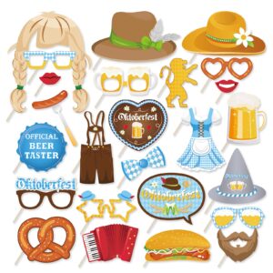 25pcs the munich oktoberfest photo booth props with stick, german oktoberfest selfie props, wiesenbier party supplies,sausage,beer,gold dress,leather pants theme backdrop decorations