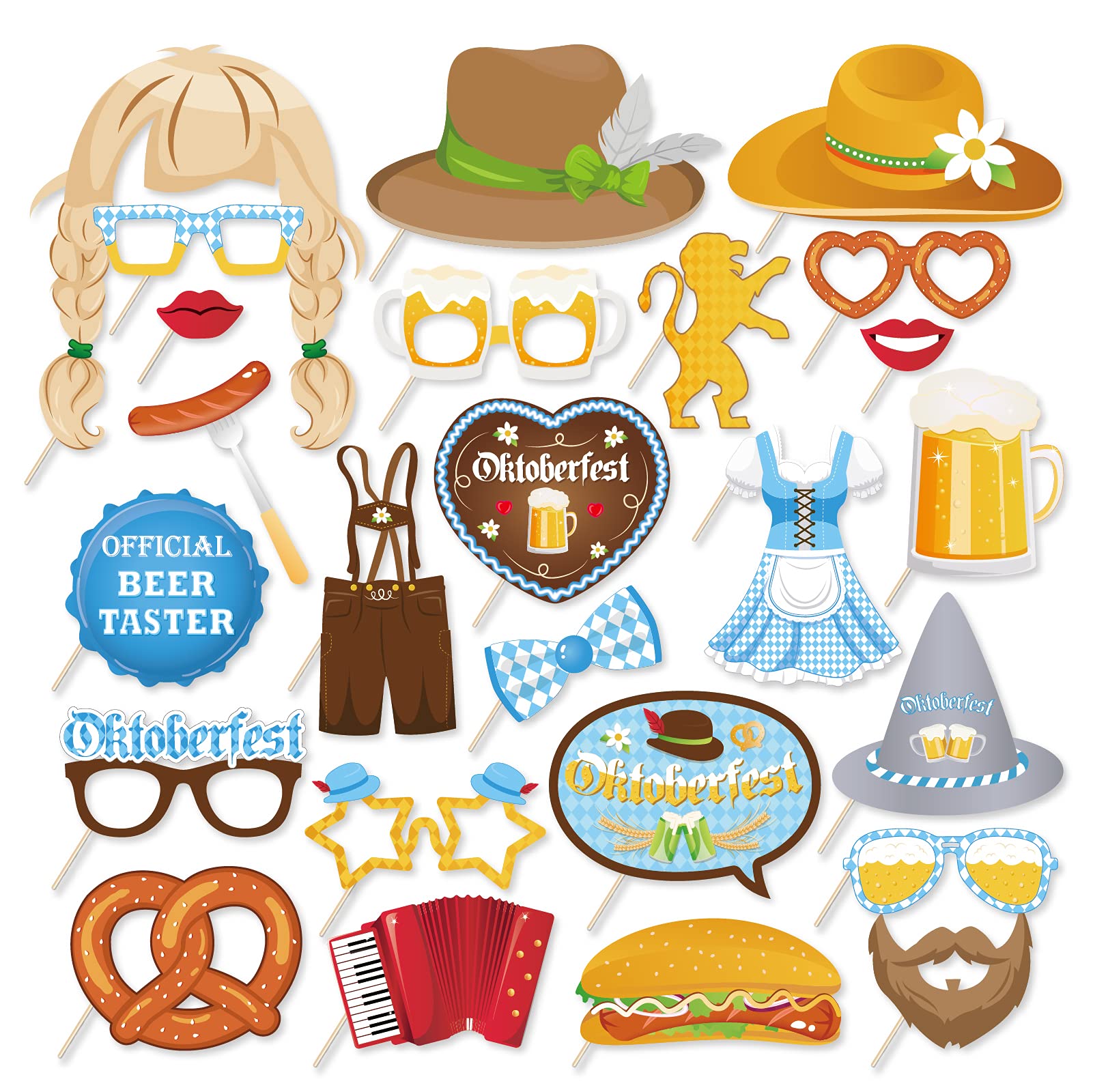 25Pcs The Munich Oktoberfest Photo Booth Props with Stick, German Oktoberfest Selfie Props, Wiesenbier Party Supplies,Sausage,Beer,Gold Dress,Leather Pants Theme Backdrop Decorations