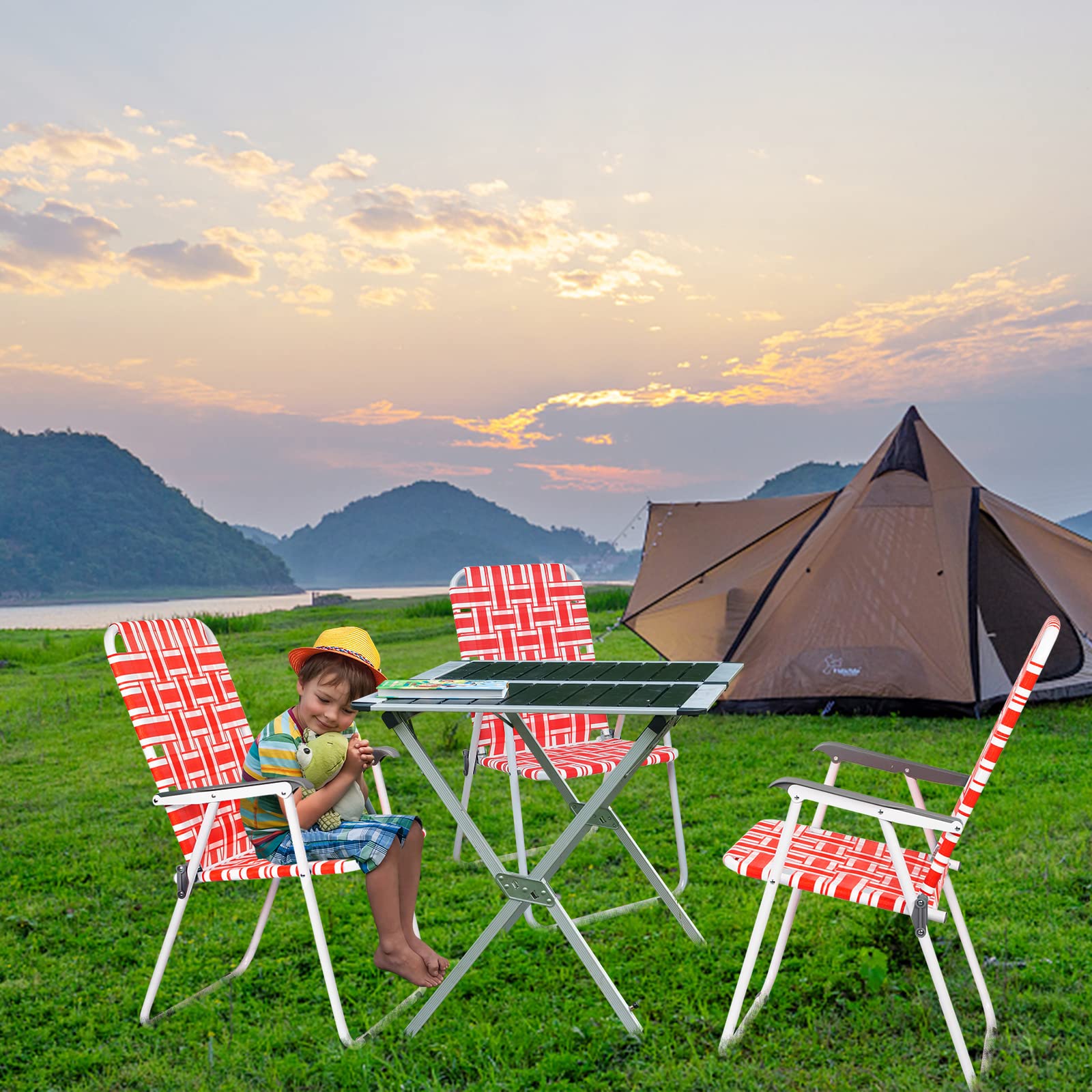 VINGLI Patio Lawn Webbed Folding Chairs Set of 2, Outdoor Beach Portable Camping Chair for Yard, Garden Dining (Red, Classic)