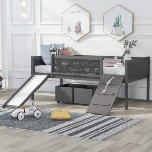 bellemave low loft bed with slide, twin, grey, wooden frame, storage boxes, chalk board for kids