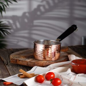 DEMMEX Copper Saucepan, 1mm Thick Solid Uncoated Copper, Wooden Handle, Tin Lined, 100% Handmade in Turkey (0.8 Quarts-5"x2.7")