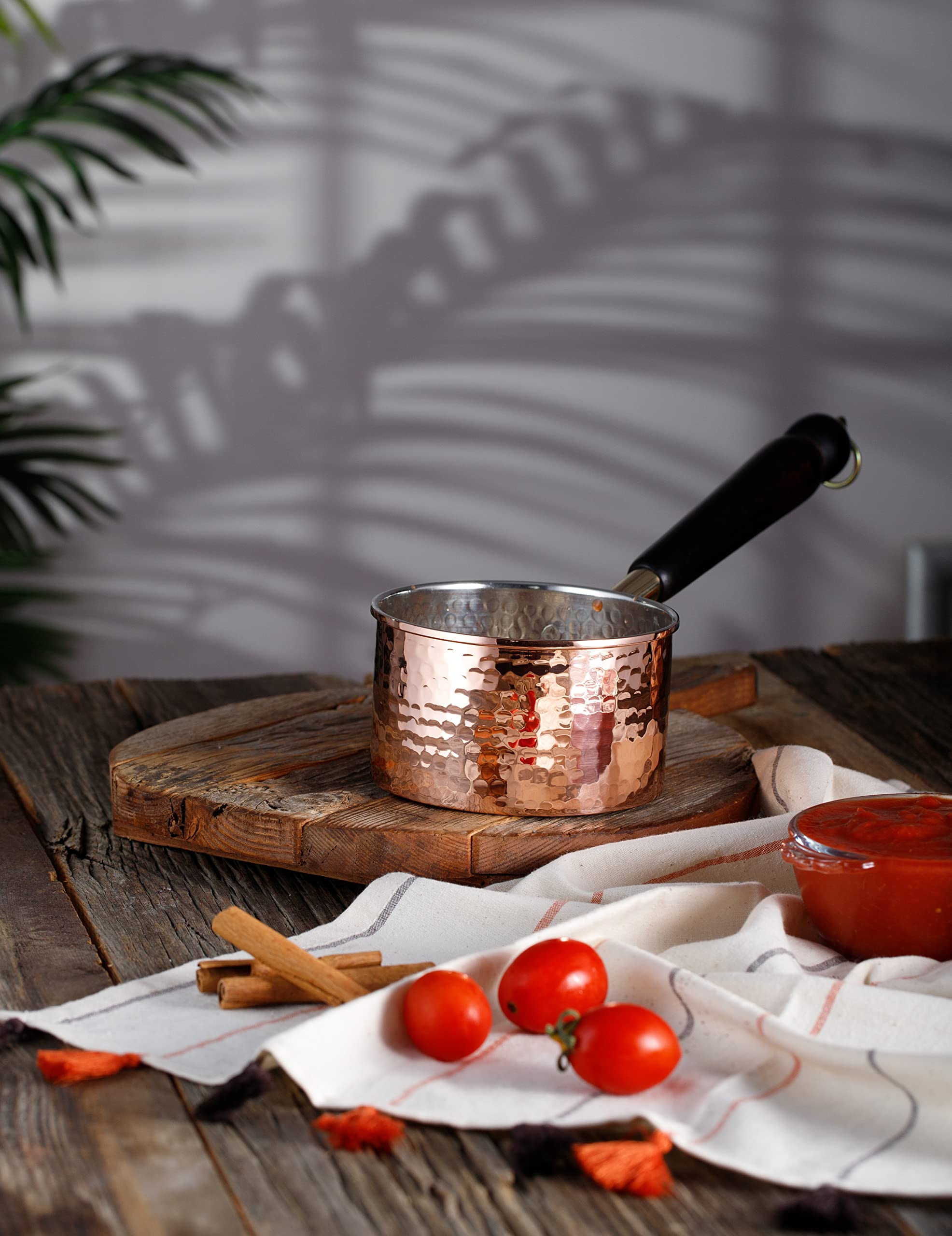 DEMMEX Copper Saucepan, 1mm Thick Solid Uncoated Copper, Wooden Handle, Tin Lined, 100% Handmade in Turkey (0.8 Quarts-5"x2.7")