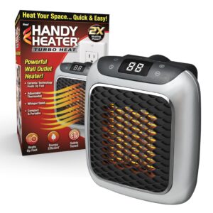 ontel handy heater turbo heat 800w wall outlet small space heater with adjustable thermostat, programmable 12-hour timer, auto shut off - quiet & space-saving ceramic mini heater (packaging may vary)