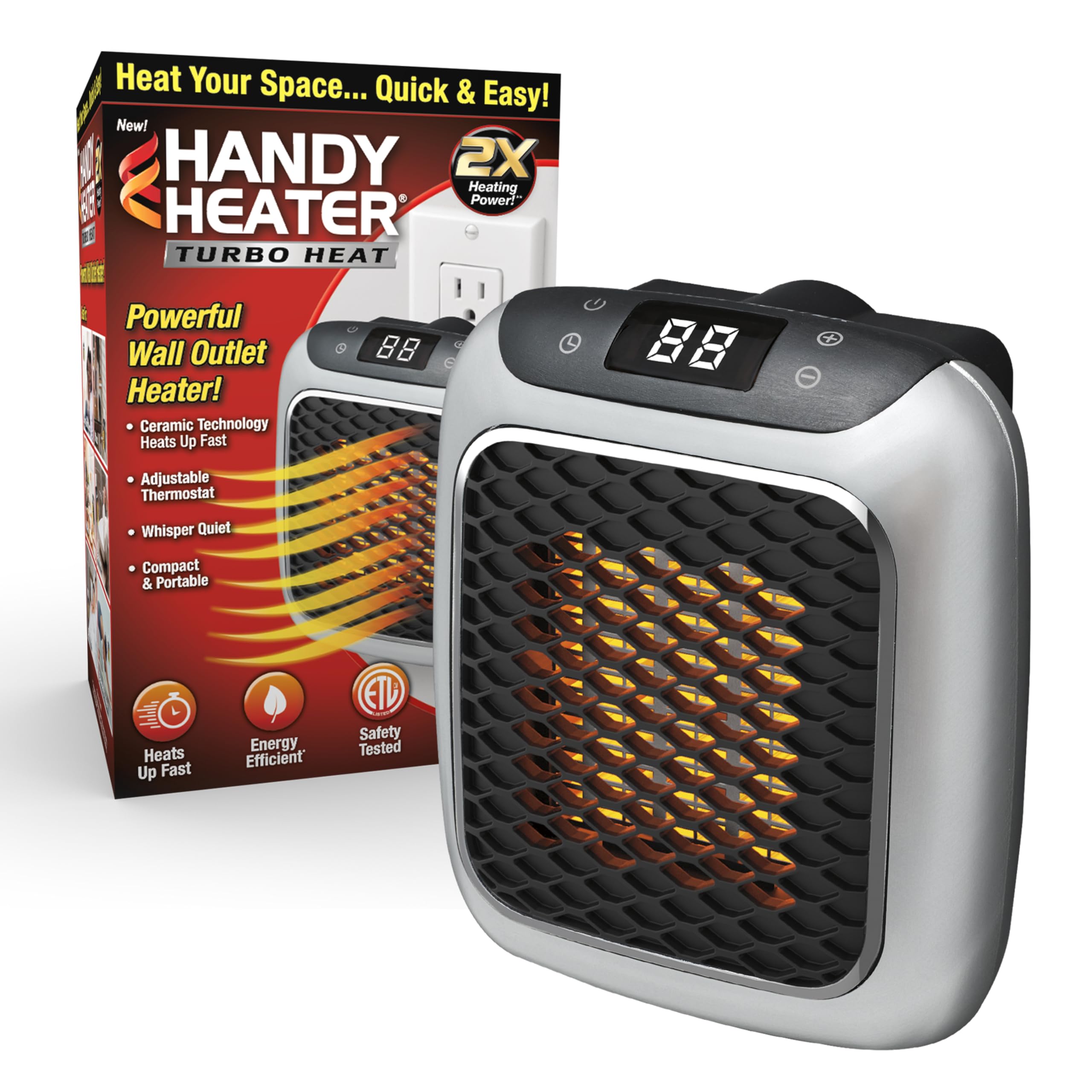 Ontel Handy Heater Turbo Heat 800W Wall Outlet Small Space Heater with Adjustable Thermostat, Programmable 12-Hour Timer, Auto Shut Off - Quiet & Space-Saving Ceramic Mini Heater (Packaging May Vary)