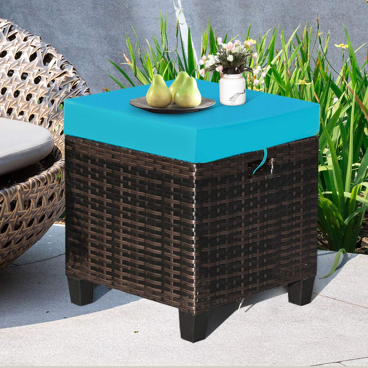 CLEEMAN Outdoor Ottoman Set of 2, All Weather Rattan Wicker Patio Ottoman w/Removable Cushions, Outdoor Footstool Footrest for Patio Garden Porch Poolside (Turquoise)