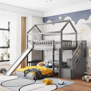 harper & bright designs house bunk bed with slide, wood twin over twin bunk bed frame with stairs and roof for kids, teens, girls, boys (gray)