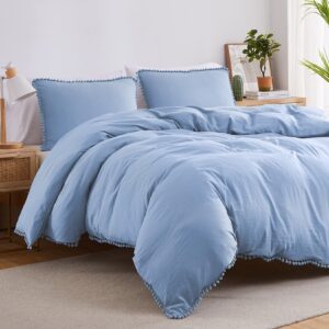 pom pom duvet cover queen size, soft washed microfiber duvet cover set, 3 pieces boho duvet cover set with zipper closure, dusty blue, 90x90 inches