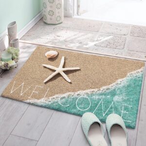 Fluffy Shag Area Rug,Coastal Beach Starfish Shells Ultra Soft Shaggy Carpet for Bedroom Living Room Bathroom Nursery, Teal Sea Water Floor Door Mats Home Decor 16×24in