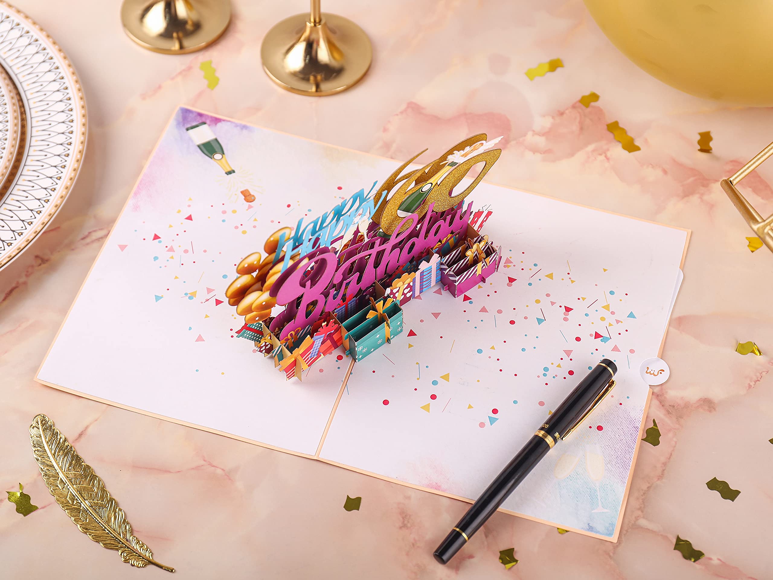 Liif Happy 60Th Birthday 3D Greeting Pop Up Card, Happy Birthday Card For Women, Men, Funny, 60 Years Old, Balloon, Champagne, Celebration - With 60 Gold Glitter & Message Note