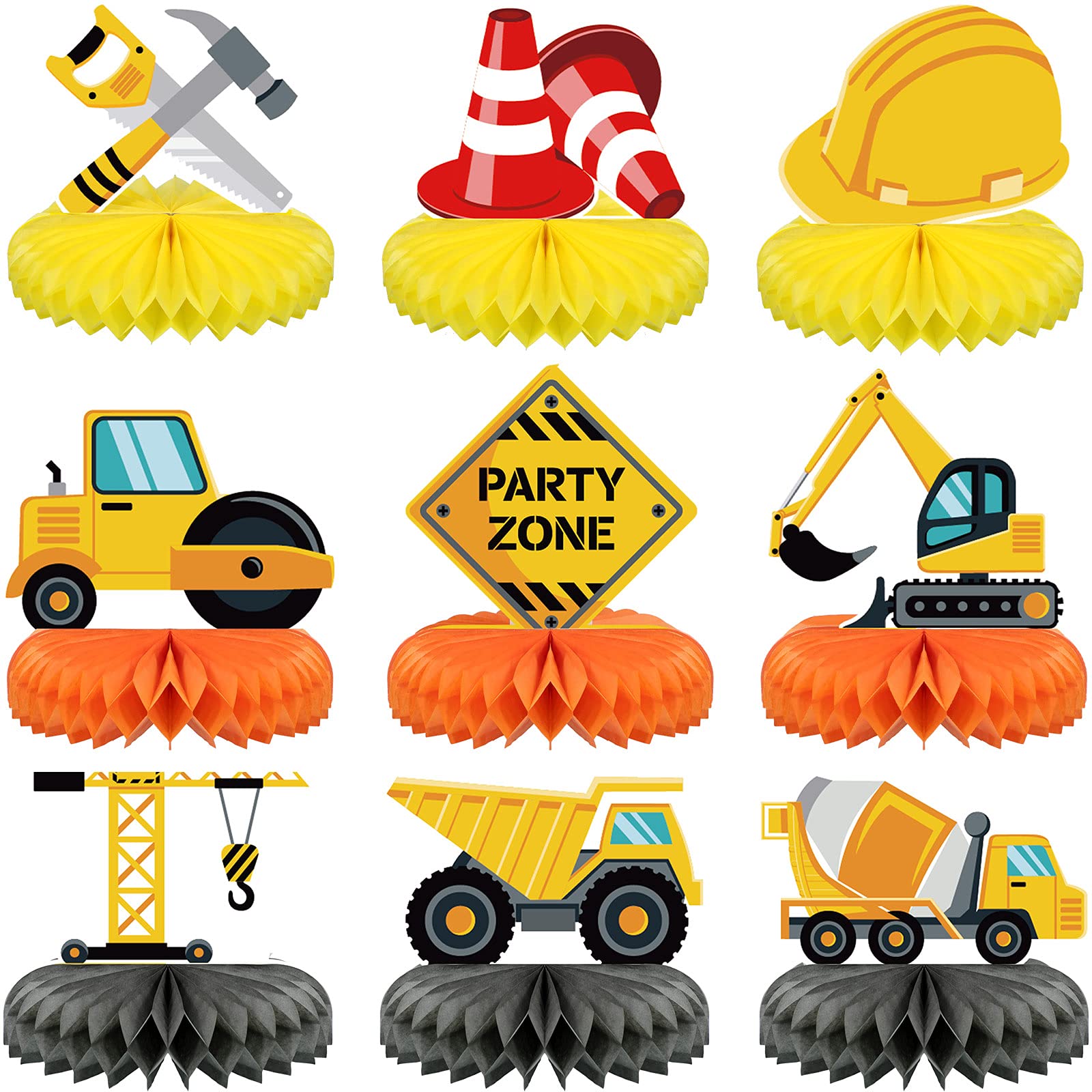 9 Pieces Construction Party Centerpieces Honeycomb Car Construction Centerpieces Truck Construction Centerpieces 3D Construction Table decorations for Birthday Party favors Supplies