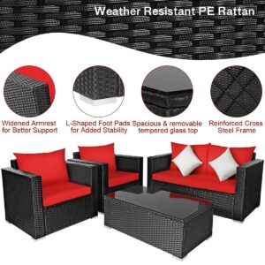 BETTARY 4 PCS Patio Rattan Chair Set, Sofa Set w/Tempered Glass Coffee Table, Conversation Set w/Seat & Back Cushions, Outdoor Wicker Sectional Furniture Set for Garden/Yard/Poolside (1, Red)