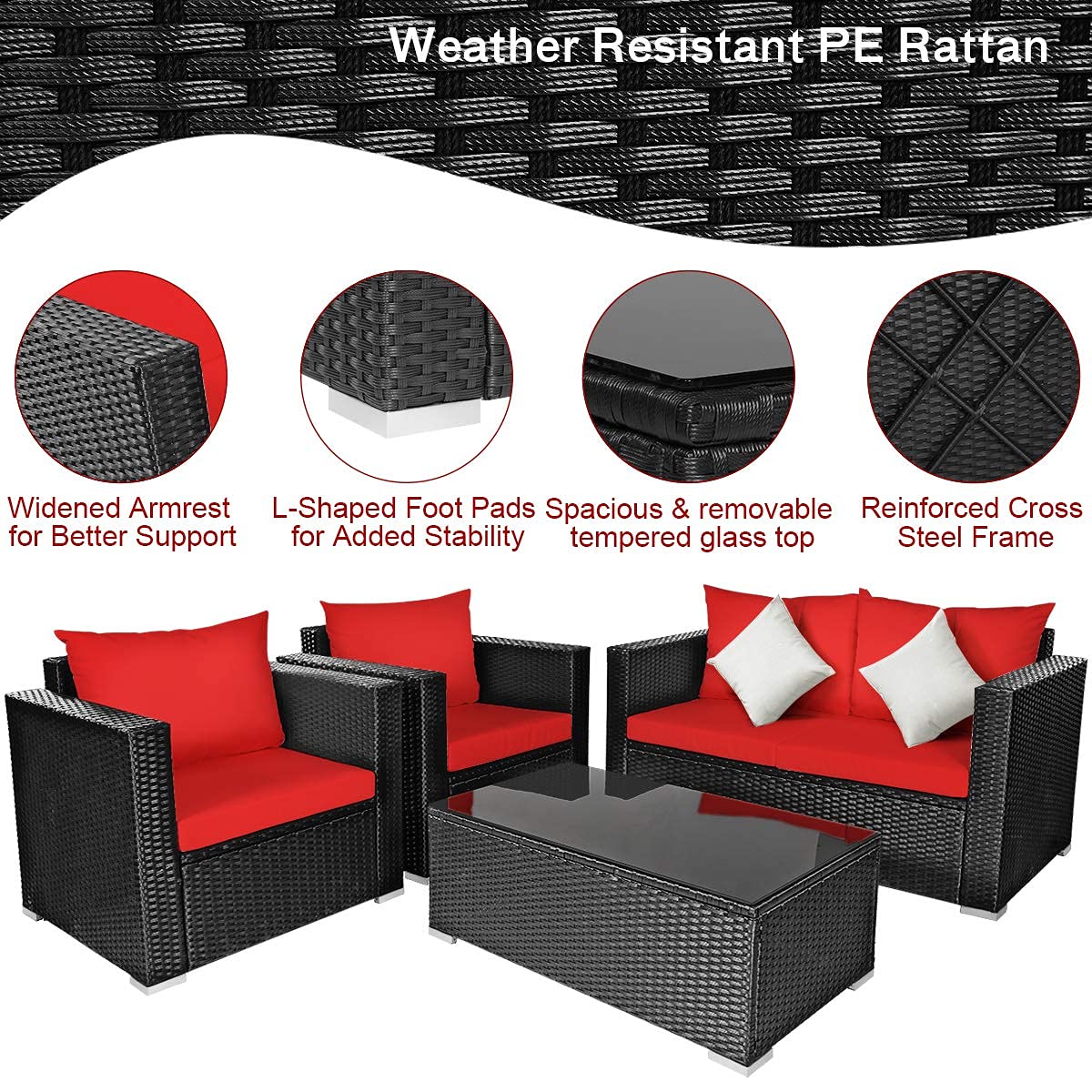 BETTARY 4 PCS Patio Rattan Chair Set, Sofa Set w/Tempered Glass Coffee Table, Conversation Set w/Seat & Back Cushions, Outdoor Wicker Sectional Furniture Set for Garden/Yard/Poolside (1, Red)