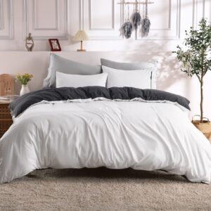 white duvet cover king size, ultra soft double brushed microfiber duvet cover set 3 pieces with zipper closure, reversible duvet cover for all season, white/charcoal grey, 104x90 inches