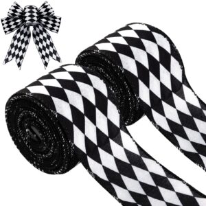 2 rolls christmas checkered ribbon black and white check ribbon diamond check wired edge ribbon diamond pattern decorative ribbons for christmas fall tree wrapping diy crafts (2.6 inch)