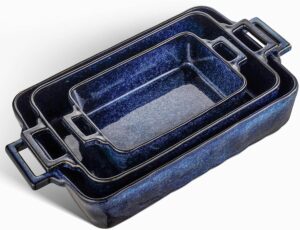 vicrays ceramic bakeware set, porcelain rectangular lasagna pans casserole dish set for baking, cooking, kitchen, cake dinner, banquet and daily use, 3 pcs, 15 x 8.5 inches(blue)