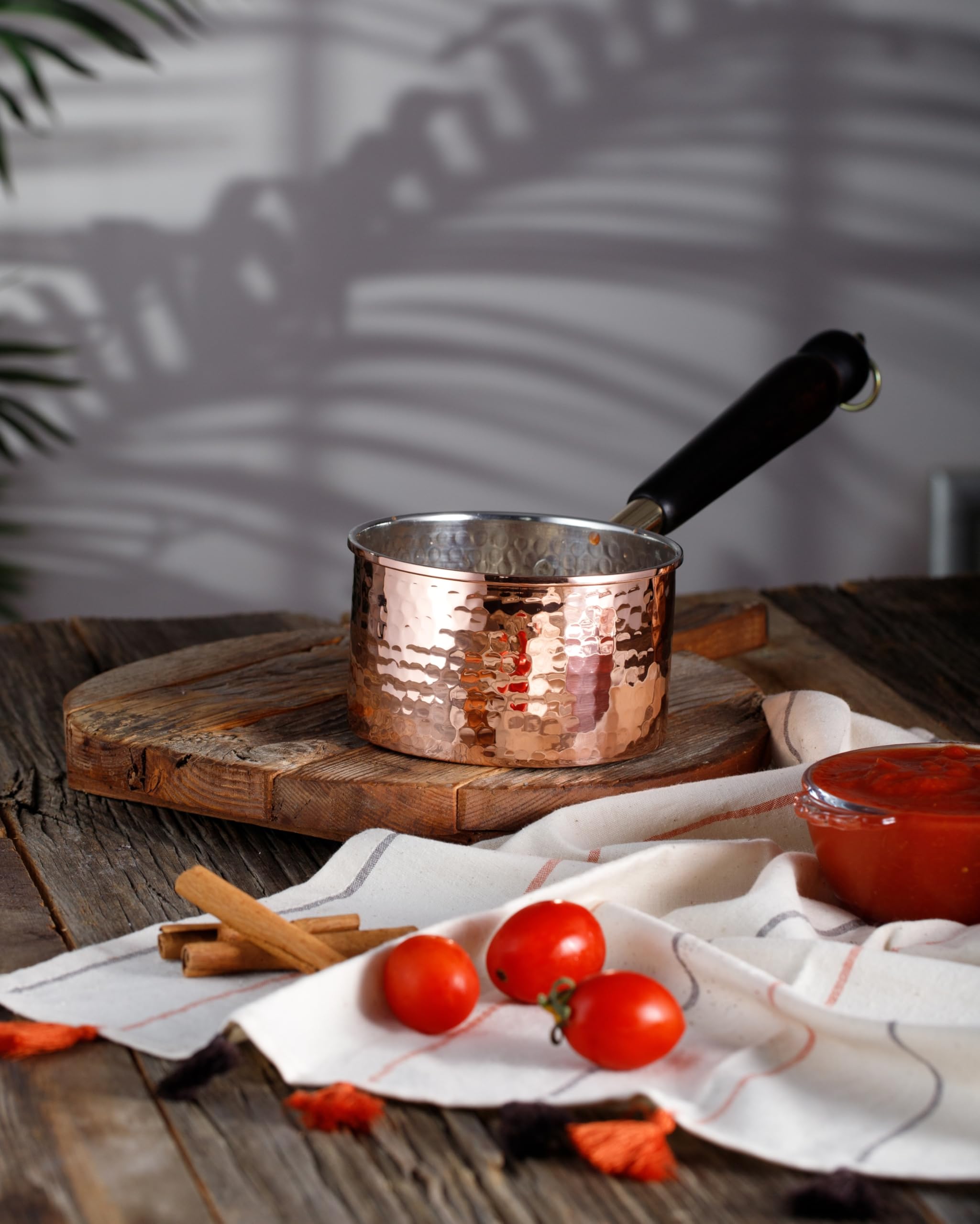 DEMMEX Copper Saucepan, 1mm Thick Solid Uncoated Copper, Wooden Handle, Tin Lined, 100% Handmade in Turkey (0.8 Quarts-5"x2.7")