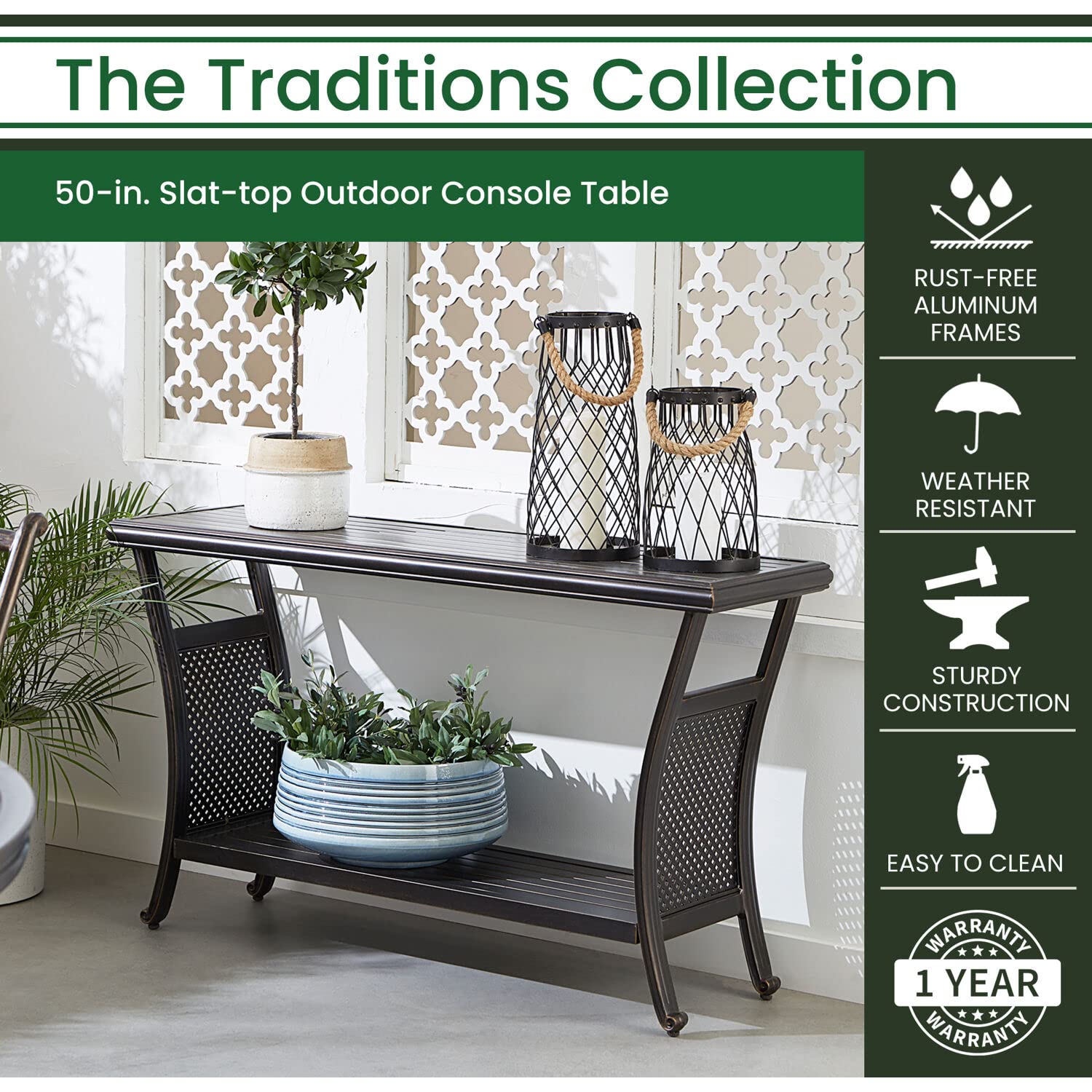 Hanover Traditions Outdoor Patio 50" Slat Top Console Table, 2 Shelf, Brushed Bronze Finish, Rust-Resistant, All-Weather