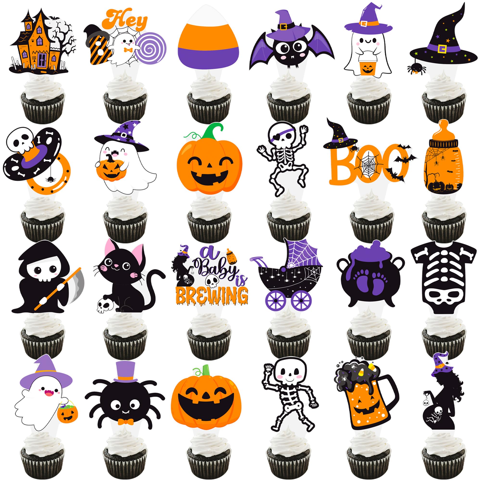 48Pcs Hallooween Cupcake Toppers A Baby is Brewing Cupcake Toppers Halloween Baby Shower Cake Decorations Ghost Pumpkin Cupcake Picks for Happy Hallowwen Boo Baby Shower Birthday Party Supplies