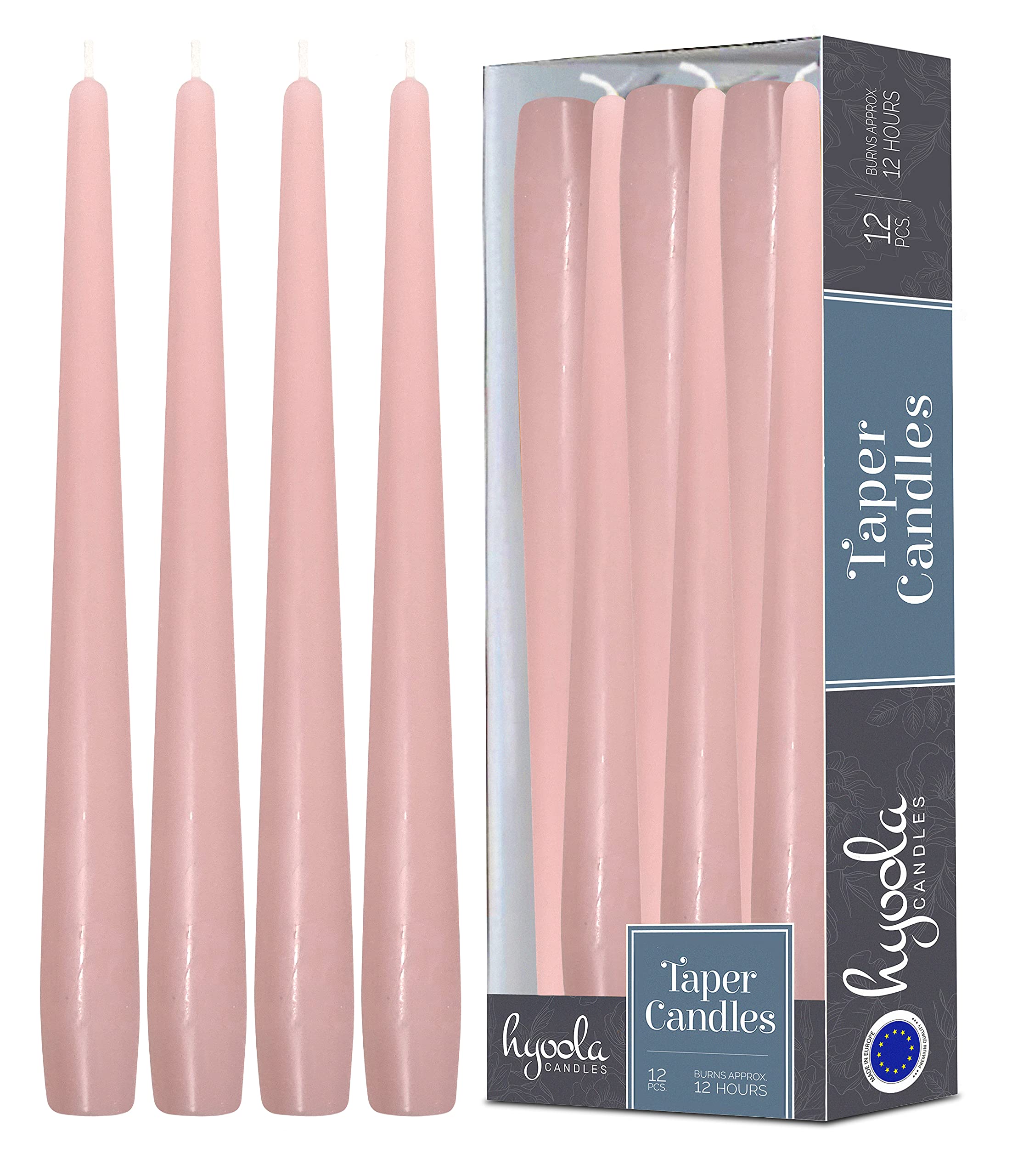 Hyoola Tall Taper Candles - 12 Inch Light Pink Unscented Dripless Taper Candles - 10 Hour Burn Time - 12 Pack