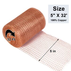 Copper Mesh Roll for Mice Rat Repellent, Sturdy 5’’ * 32Ft Copper Wool Mouse Trap Hole Filler for Bat Snail Bird Control with Packing Tool