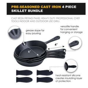 Bruntmor 6-Inch Black Pre-seasoned Cast Iron Frying Pan Set of 4, 6 Inch Oven Safe Cast Iron Skillet, Cast Iron Grill Pan Set, Nonstick Cookware And Bakeware For Casserole Dish