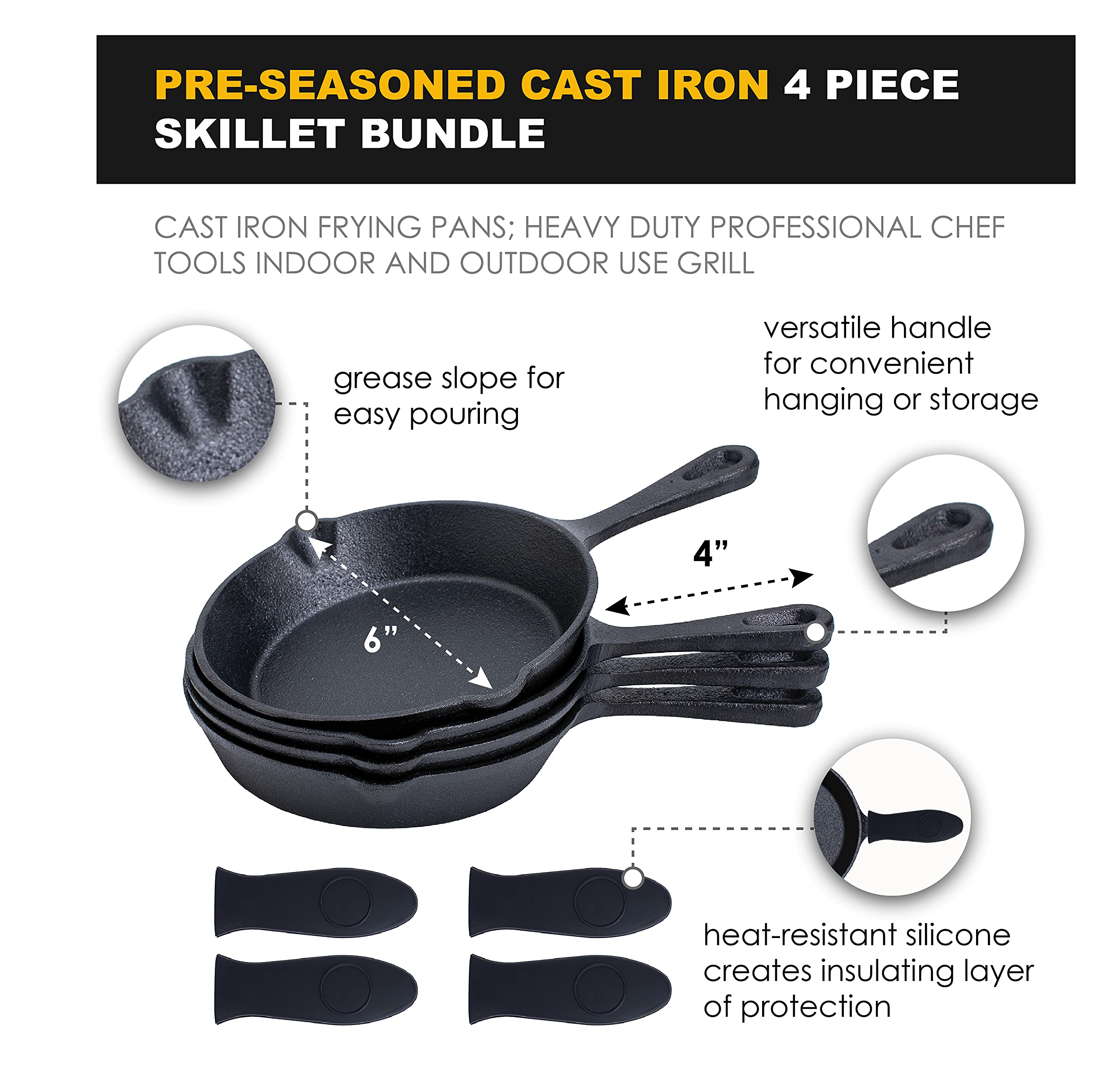 Bruntmor 6-Inch Black Pre-seasoned Cast Iron Frying Pan Set of 4, 6 Inch Oven Safe Cast Iron Skillet, Cast Iron Grill Pan Set, Nonstick Cookware And Bakeware For Casserole Dish