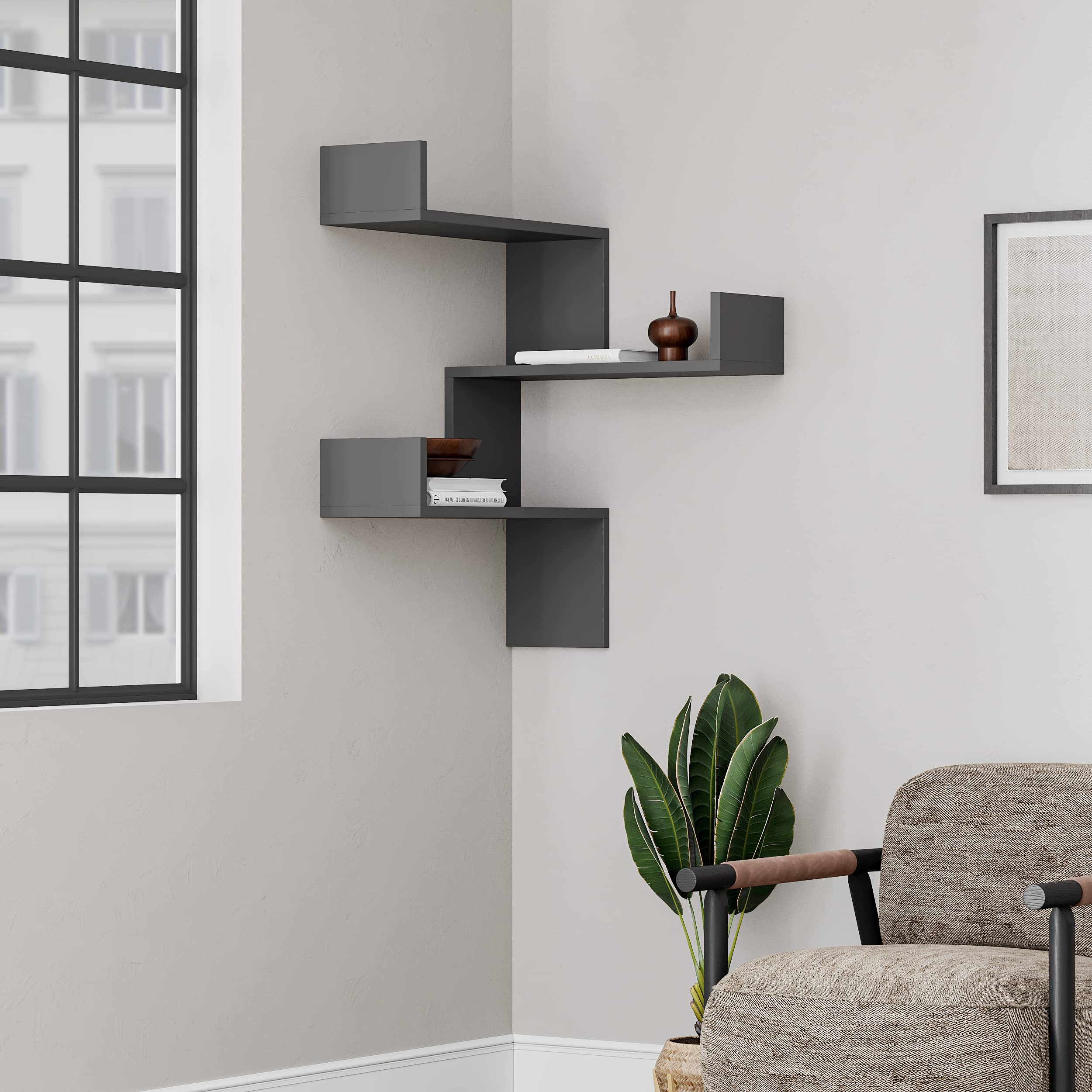 JV Home Luksa Collection Corner Bookcase Wall Mounted Stylish Floating Shelf Corner Bookshelf Decorative Wide Shelving Storage 24 Inch Anthracite