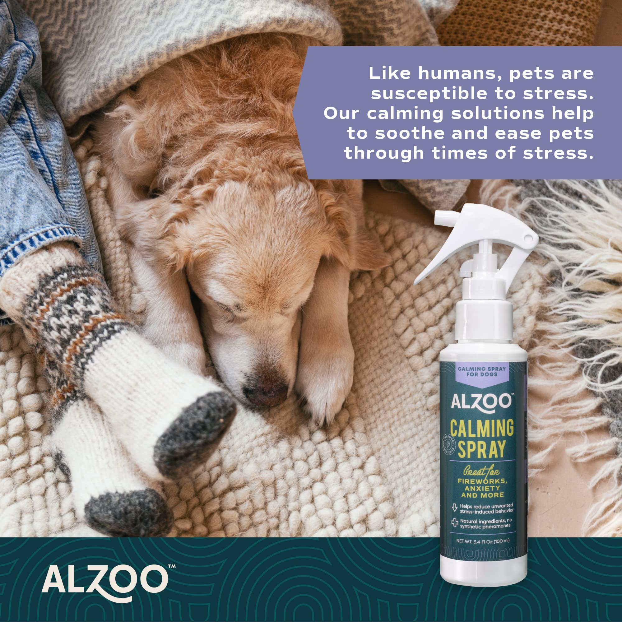 ALZOO Calming Spray for Dogs, Helps to Relieve Stress from Separation Anxiety, Travel, Vet Visits, Fireworks, etc., 100% Plant-Based Active Ingredients, 3.4 Fl. Oz Spray Bottle