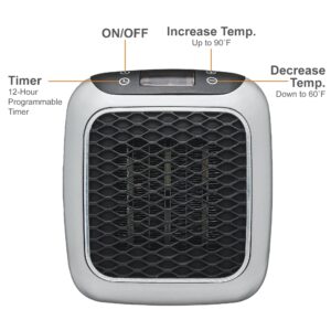 Ontel Handy Heater Turbo Heat 800W Wall Outlet Small Space Heater with Adjustable Thermostat, Programmable 12-Hour Timer, Auto Shut Off - Quiet & Space-Saving Ceramic Mini Heater (Packaging May Vary)