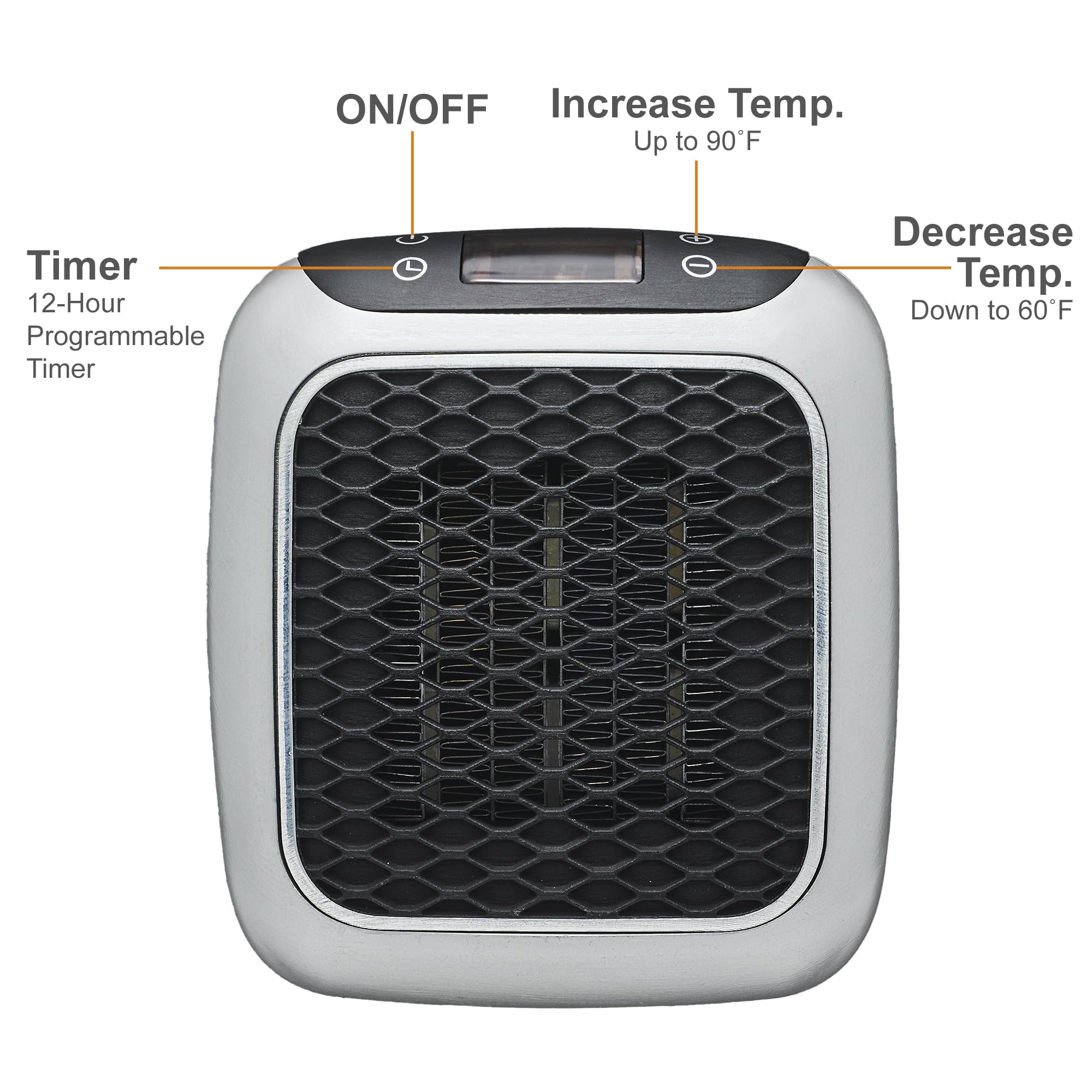 Ontel Handy Heater Turbo Heat 800W Wall Outlet Small Space Heater with Adjustable Thermostat, Programmable 12-Hour Timer, Auto Shut Off - Quiet & Space-Saving Ceramic Mini Heater (Packaging May Vary)