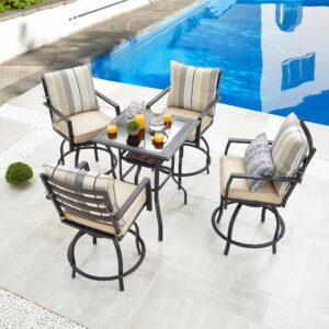 lokatse home 5 pieces outdoor bistro set patio swivel metal furniture bar height dining chairs with cushion & table, beige