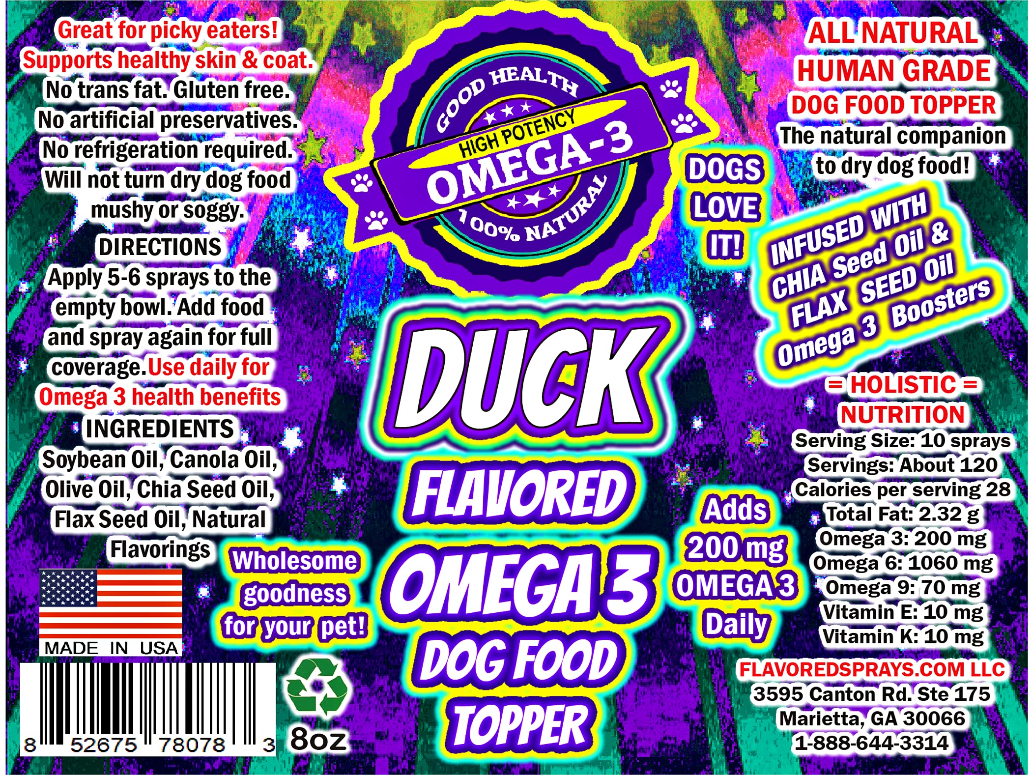 Flavored Sprays Bacon and Duck Flavored Omega 3 Spray. Made in The USA. All Natural Ingredients