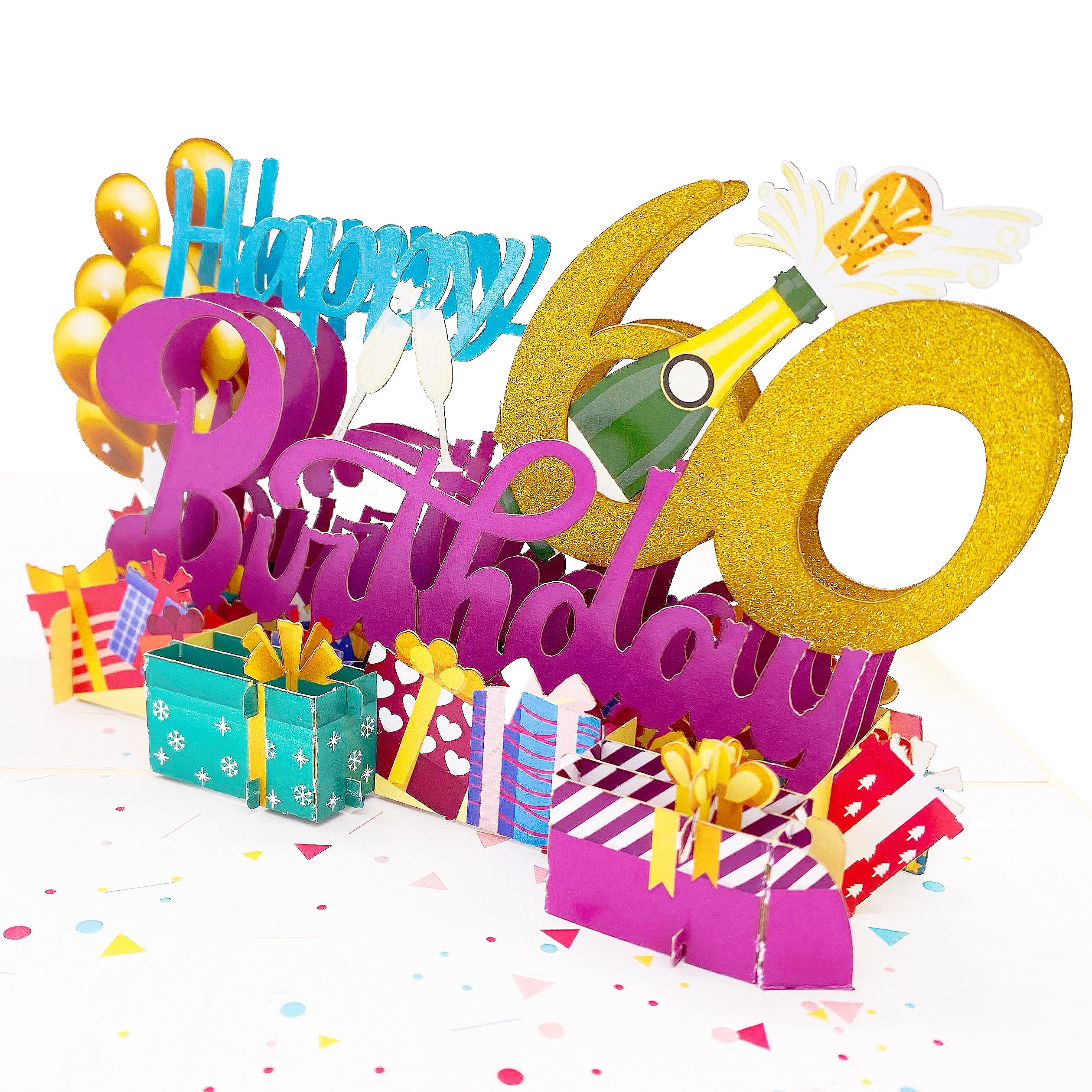 Liif Happy 60Th Birthday 3D Greeting Pop Up Card, Happy Birthday Card For Women, Men, Funny, 60 Years Old, Balloon, Champagne, Celebration - With 60 Gold Glitter & Message Note