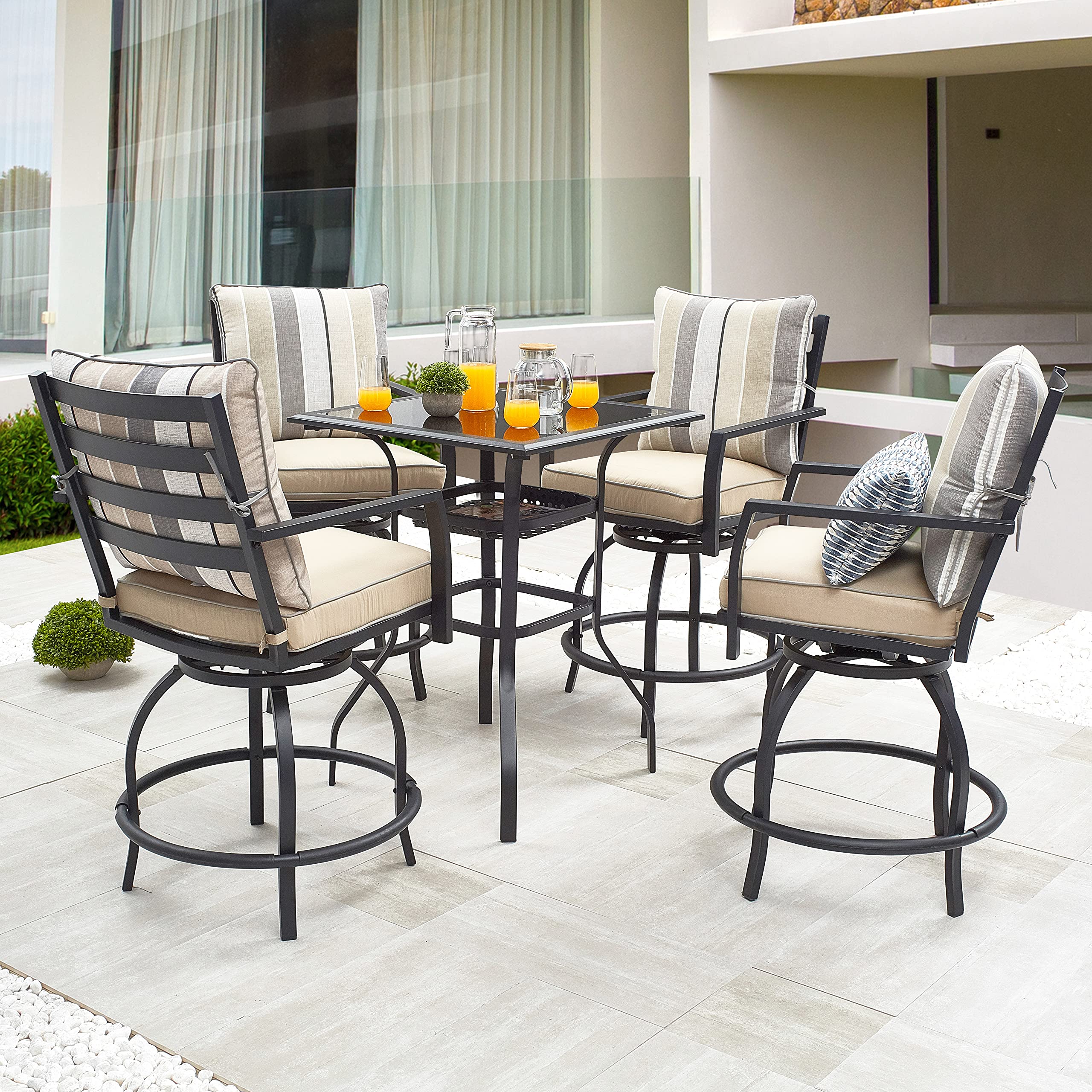 LOKATSE HOME 5 Pieces Outdoor Bistro Set Patio Swivel Metal Furniture Bar Height Dining Chairs with Cushion & Table, Beige