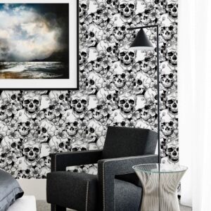 HAOKHOME Gothic Peel and Stick Wallpaper Sugar Skull Floral for Bedroom Black/White Removable Accent Wall Decorations 17.7in x 9.8ft