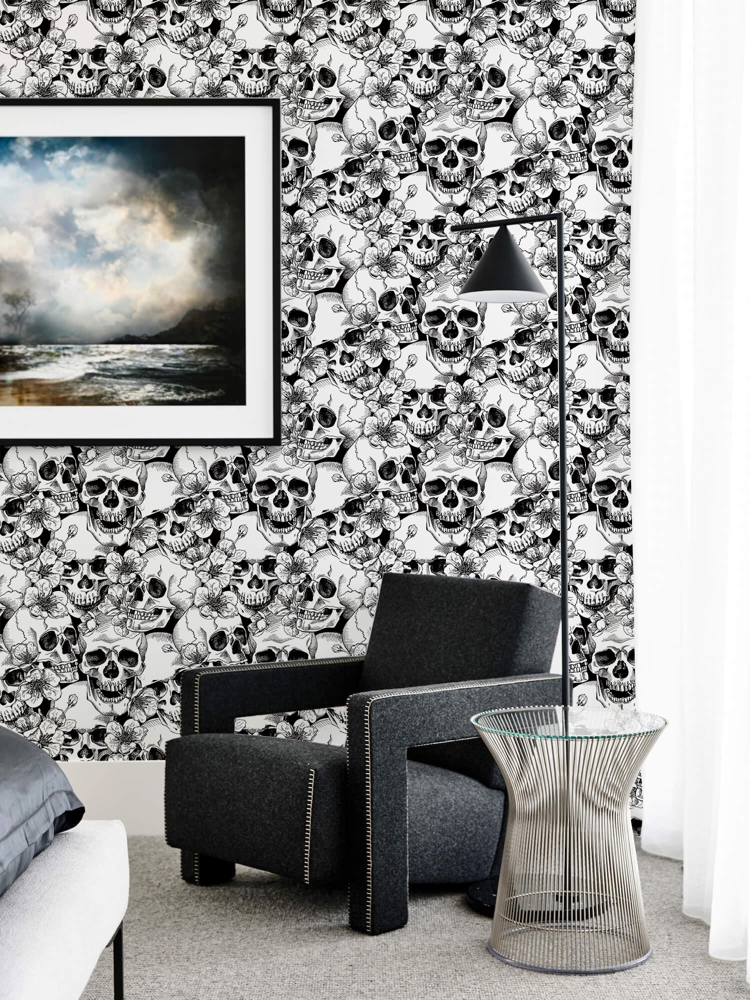 HAOKHOME Gothic Peel and Stick Wallpaper Sugar Skull Floral for Bedroom Black/White Removable Accent Wall Decorations 17.7in x 9.8ft