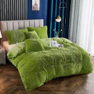 Yaoshuho Plush Fluffy Duvet Cover Queen Size Luxury Ultra Soft Shaggy Duvet Cover Set Faux Fur Comforter Bedding Set(1 Duvet Cover + 2 Pillow Shams), Green