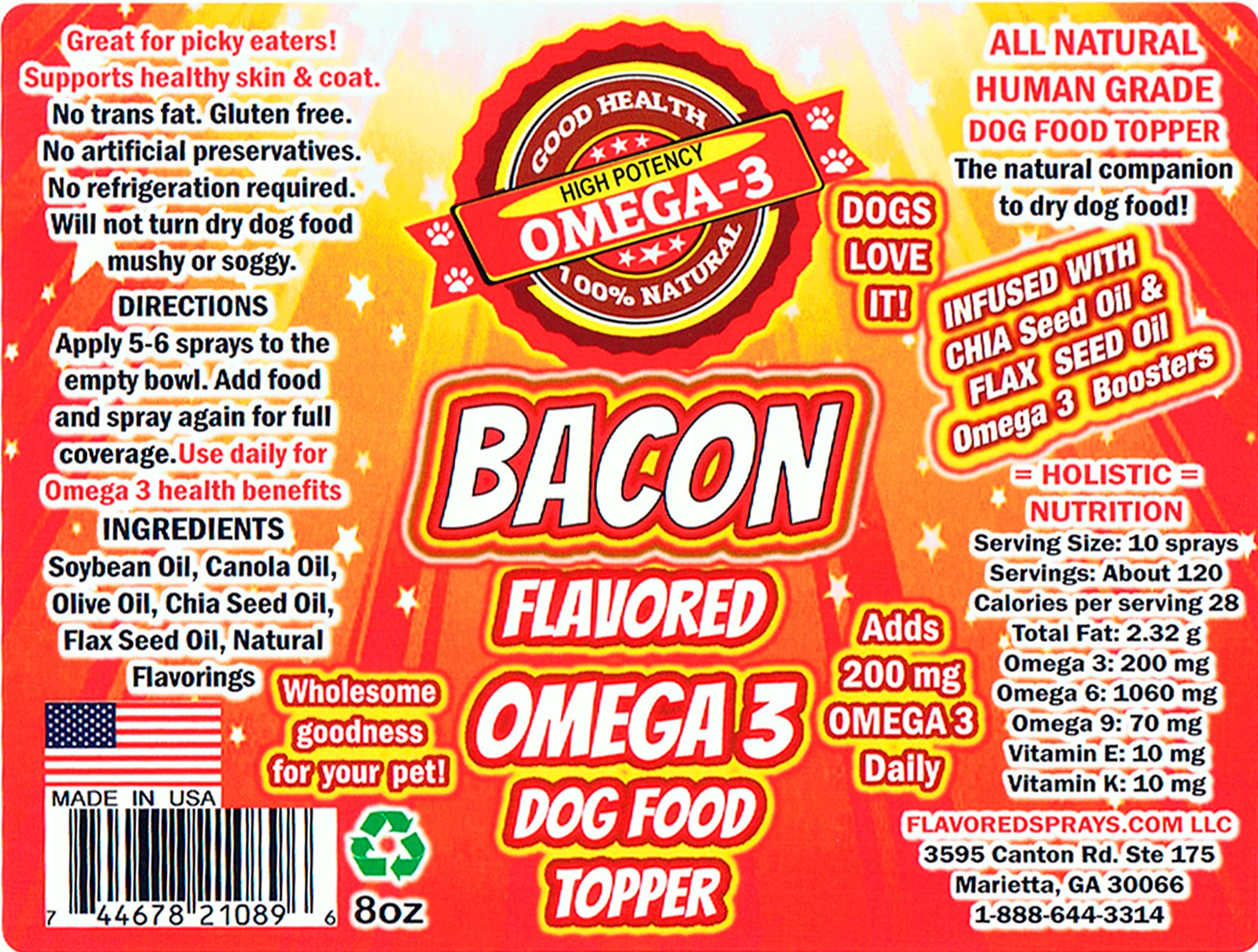 Flavored Sprays Bacon and Duck Flavored Omega 3 Spray. Made in The USA. All Natural Ingredients