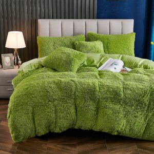 yaoshuho plush fluffy duvet cover queen size luxury ultra soft shaggy duvet cover set faux fur comforter bedding set(1 duvet cover + 2 pillow shams), green