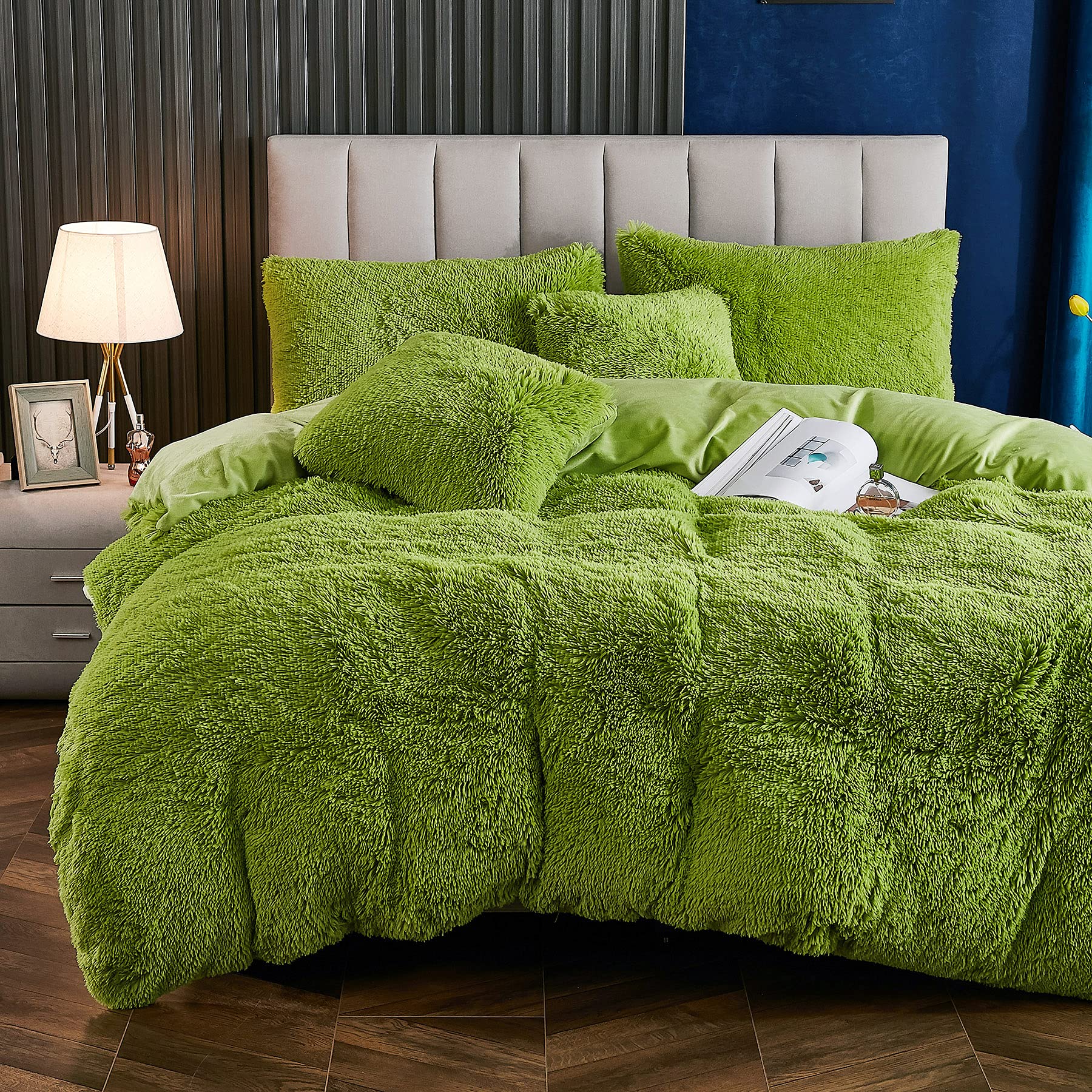 Yaoshuho Plush Fluffy Duvet Cover Queen Size Luxury Ultra Soft Shaggy Duvet Cover Set Faux Fur Comforter Bedding Set(1 Duvet Cover + 2 Pillow Shams), Green