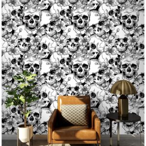 HAOKHOME Gothic Peel and Stick Wallpaper Sugar Skull Floral for Bedroom Black/White Removable Accent Wall Decorations 17.7in x 9.8ft