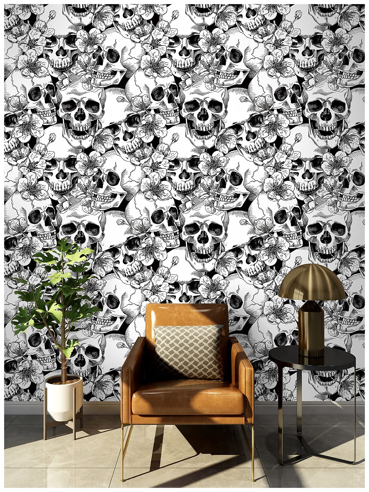 HAOKHOME Gothic Peel and Stick Wallpaper Sugar Skull Floral for Bedroom Black/White Removable Accent Wall Decorations 17.7in x 9.8ft