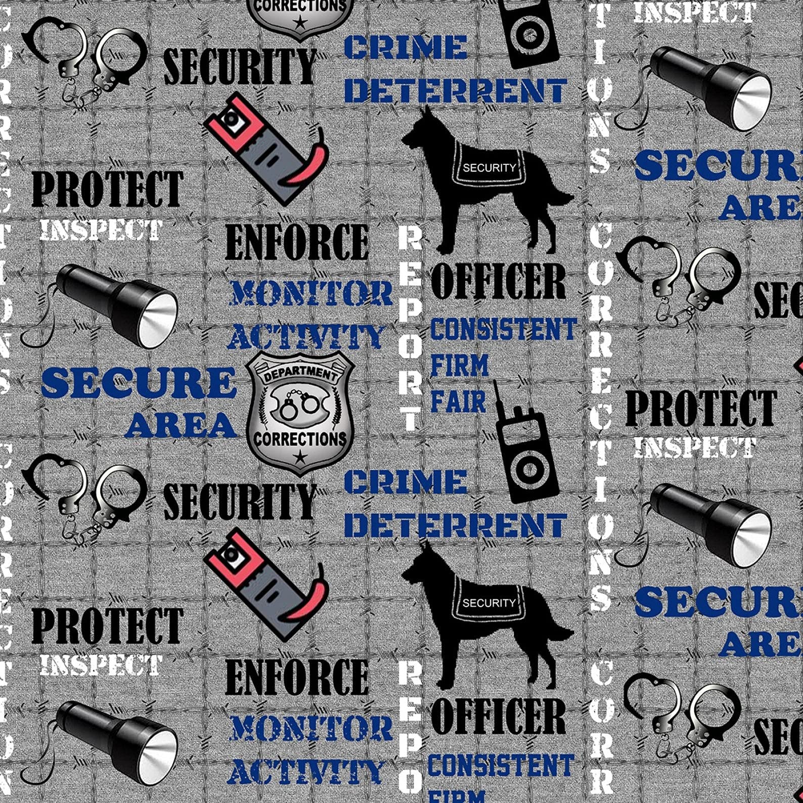 SYKEL ENTERPRISES Corrections Officer Cotton Fabric Sold by The Yard-Corrections Security Enforcement 100% Cotton Fabric w Heather Grey Ground-SYKEL 1181CO