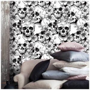 HAOKHOME Gothic Peel and Stick Wallpaper Sugar Skull Floral for Bedroom Black/White Removable Accent Wall Decorations 17.7in x 9.8ft