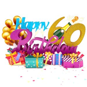 liif happy 60th birthday 3d greeting pop up card, happy birthday card for women, men, funny, 60 years old, balloon, champagne, celebration - with 60 gold glitter & message note