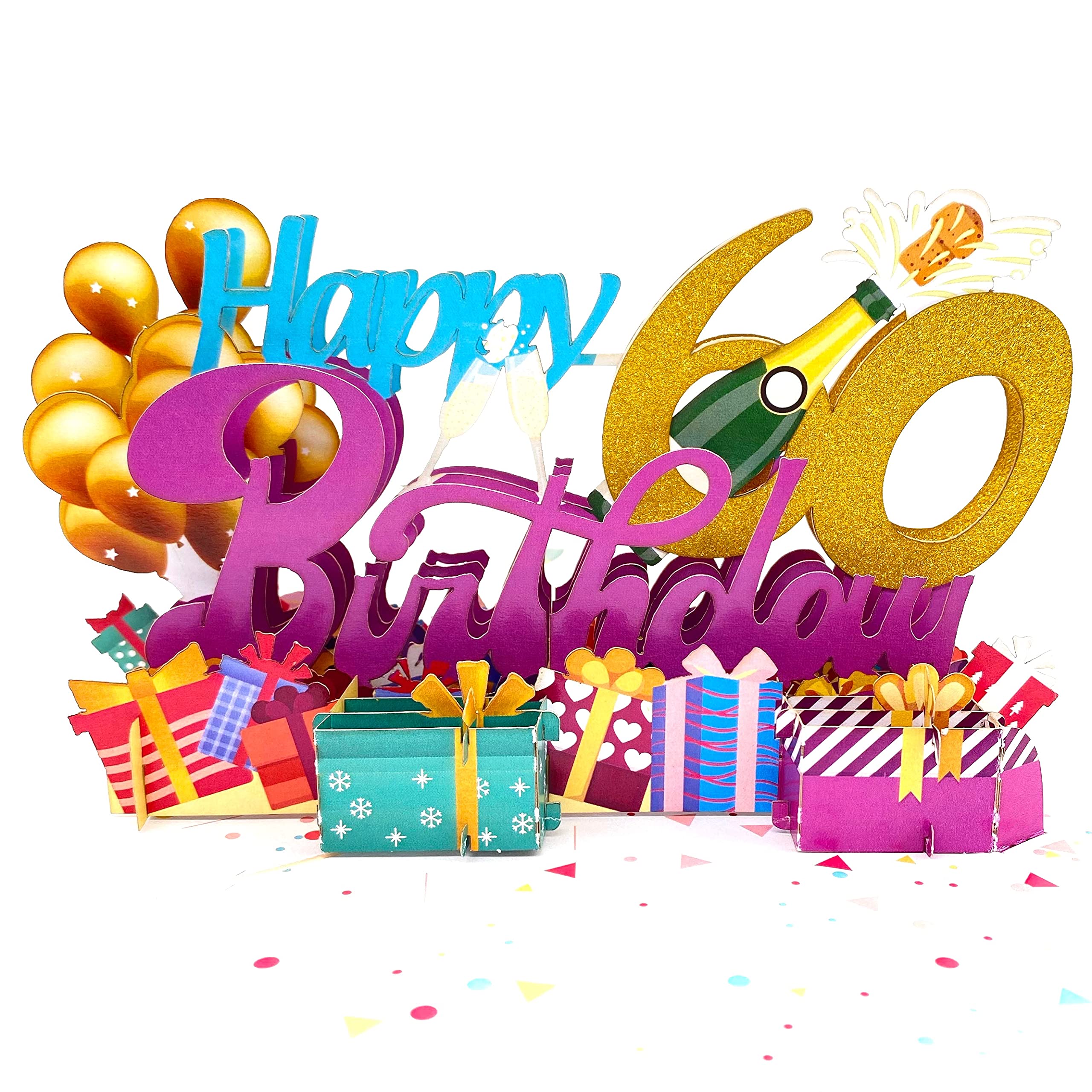 Liif Happy 60Th Birthday 3D Greeting Pop Up Card, Happy Birthday Card For Women, Men, Funny, 60 Years Old, Balloon, Champagne, Celebration - With 60 Gold Glitter & Message Note