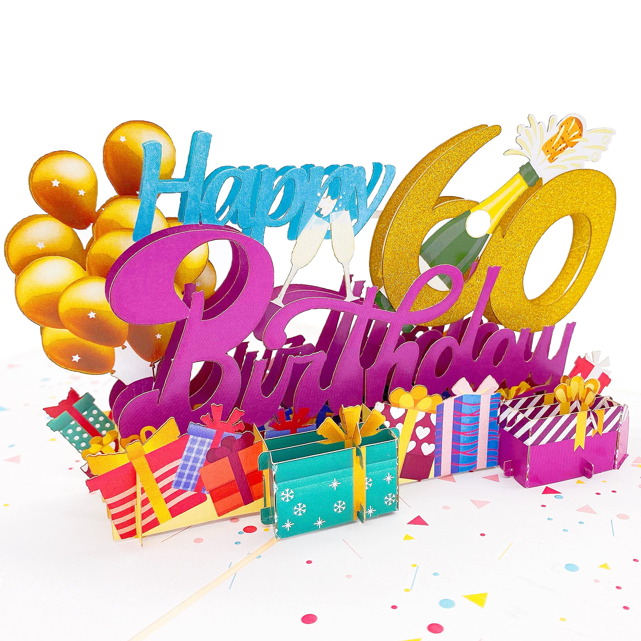 Liif Happy 60Th Birthday 3D Greeting Pop Up Card, Happy Birthday Card For Women, Men, Funny, 60 Years Old, Balloon, Champagne, Celebration - With 60 Gold Glitter & Message Note