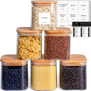 laramaid 27oz 6packs square glass jars set with minimalist pantry labels, square pantry jars with bamboo lids and white customized sticker labels, food storage containers for home